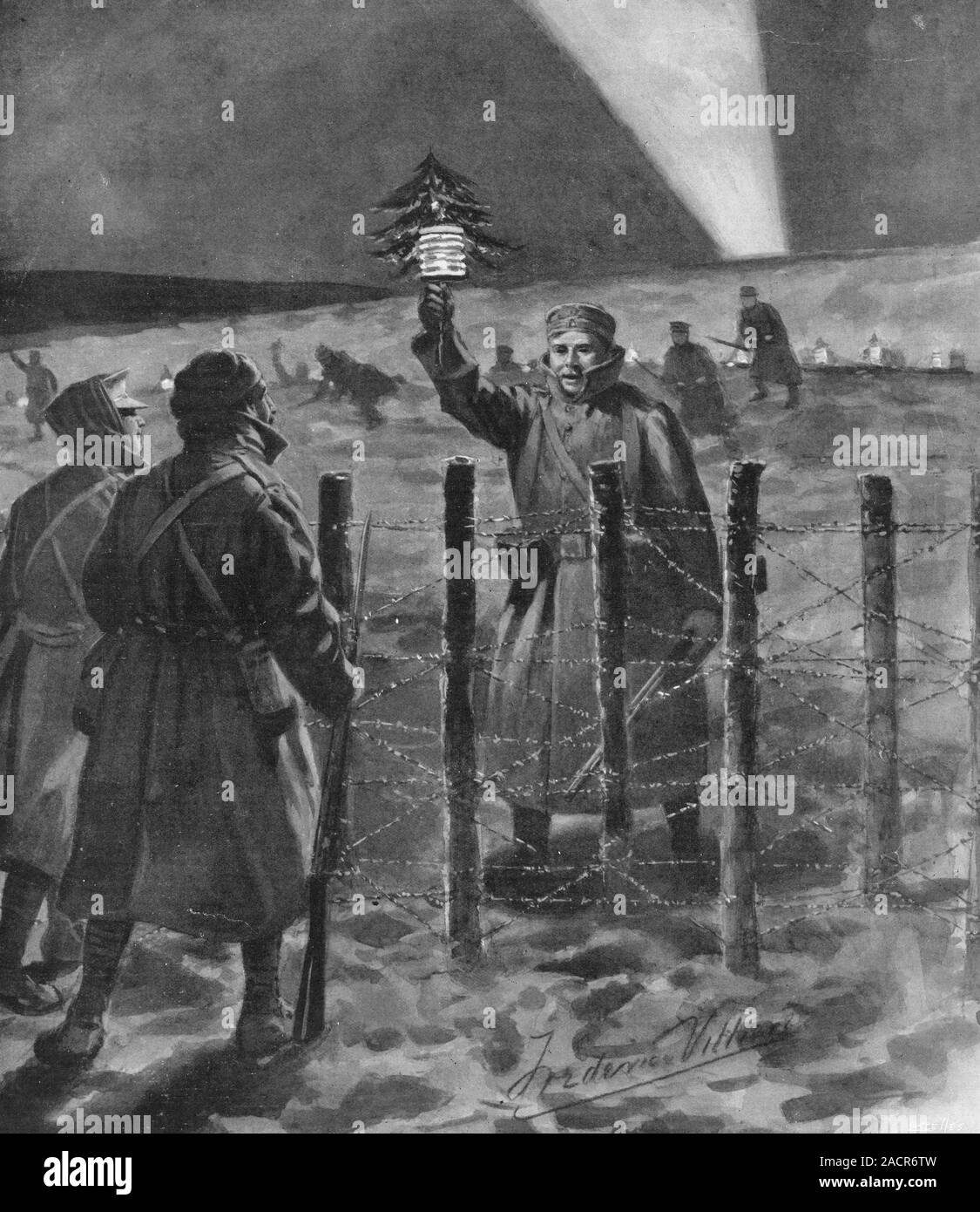 Christmas truce in 1914, World War I. Artwork for a newspaper report on ...