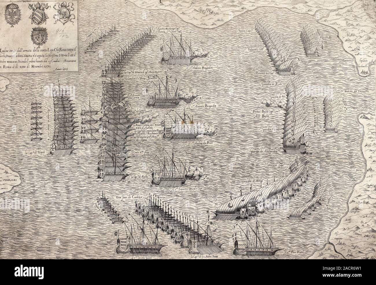 Battle of Lepanto. Map showing the fleets of ships that took part in ...