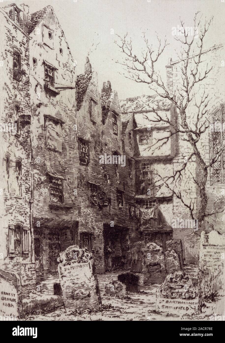 St Bartholomew's, Smithfield, London, UK. Artwork from 'Etchings of Old ...