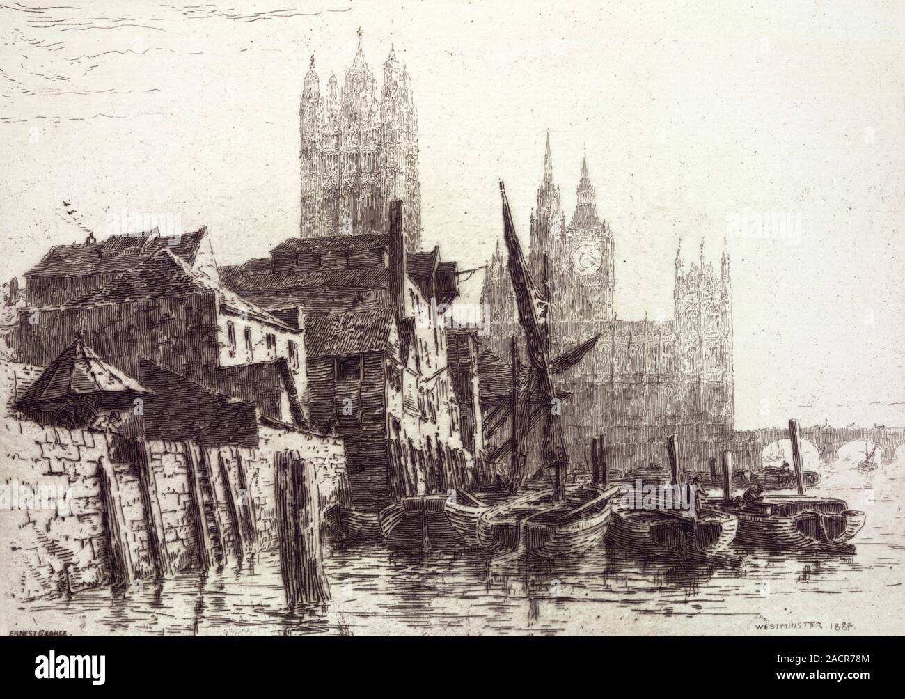 Westminster London, UK. Artwork from 'Etchings of Old London' (1884) by ...