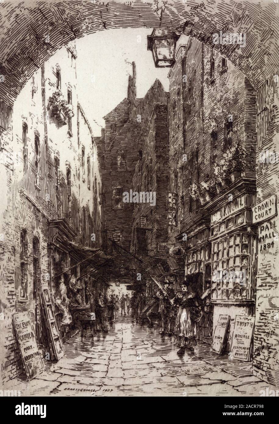 Crown Court, Pall Mall, London, UK. Artwork from 'Etchings of Old ...