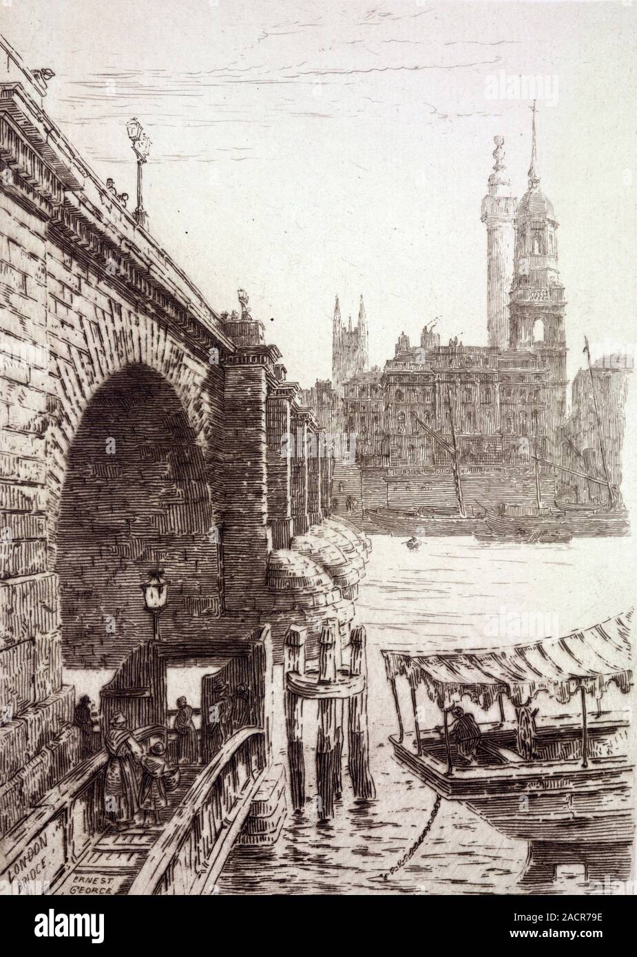 London Bridge. London, UK. Artwork from 'Etchings of Old London' (1884 ...