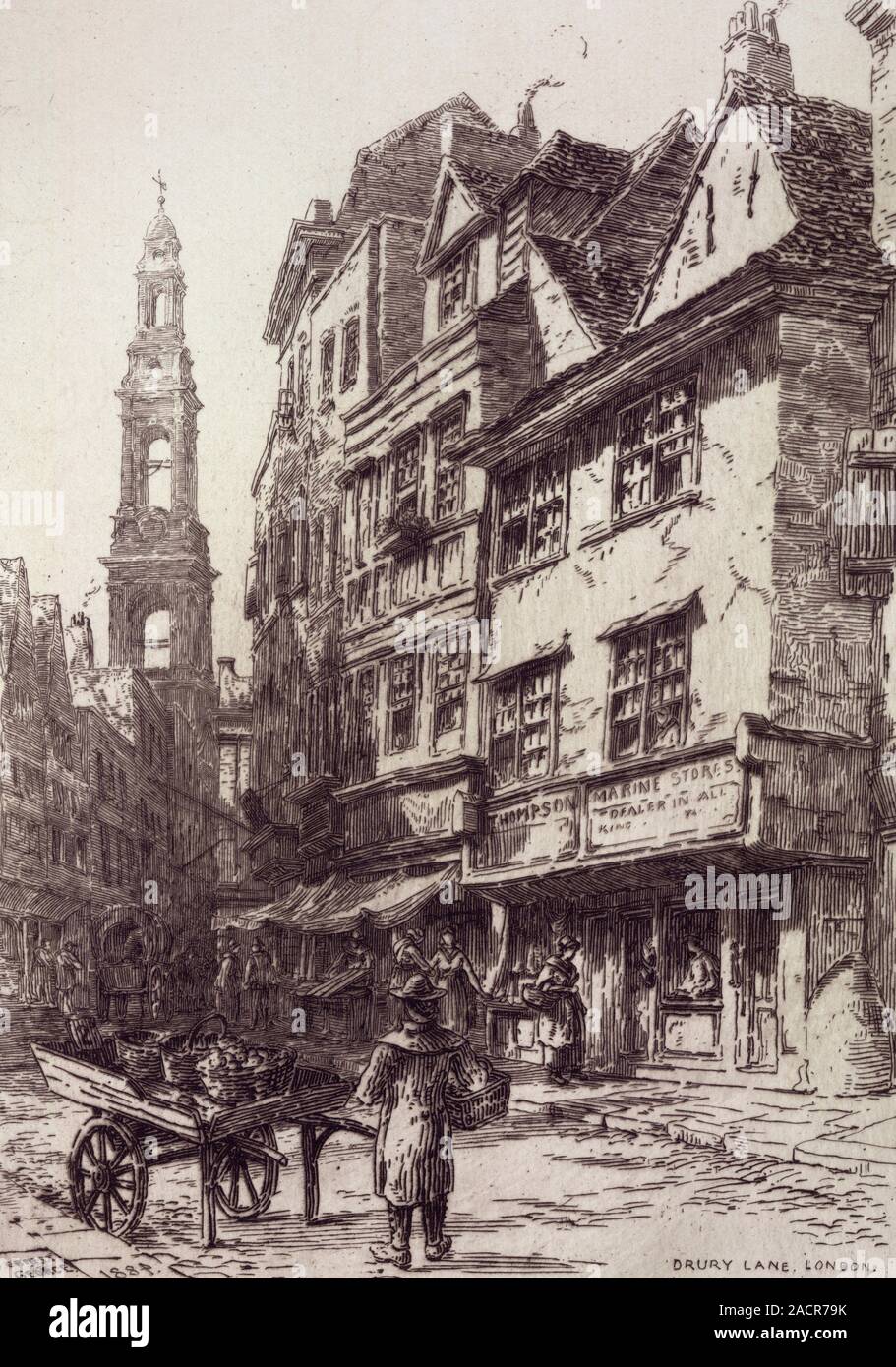 Drury Lane, London, UK. Artwork from 'Etchings of Old London' (1884) by ...