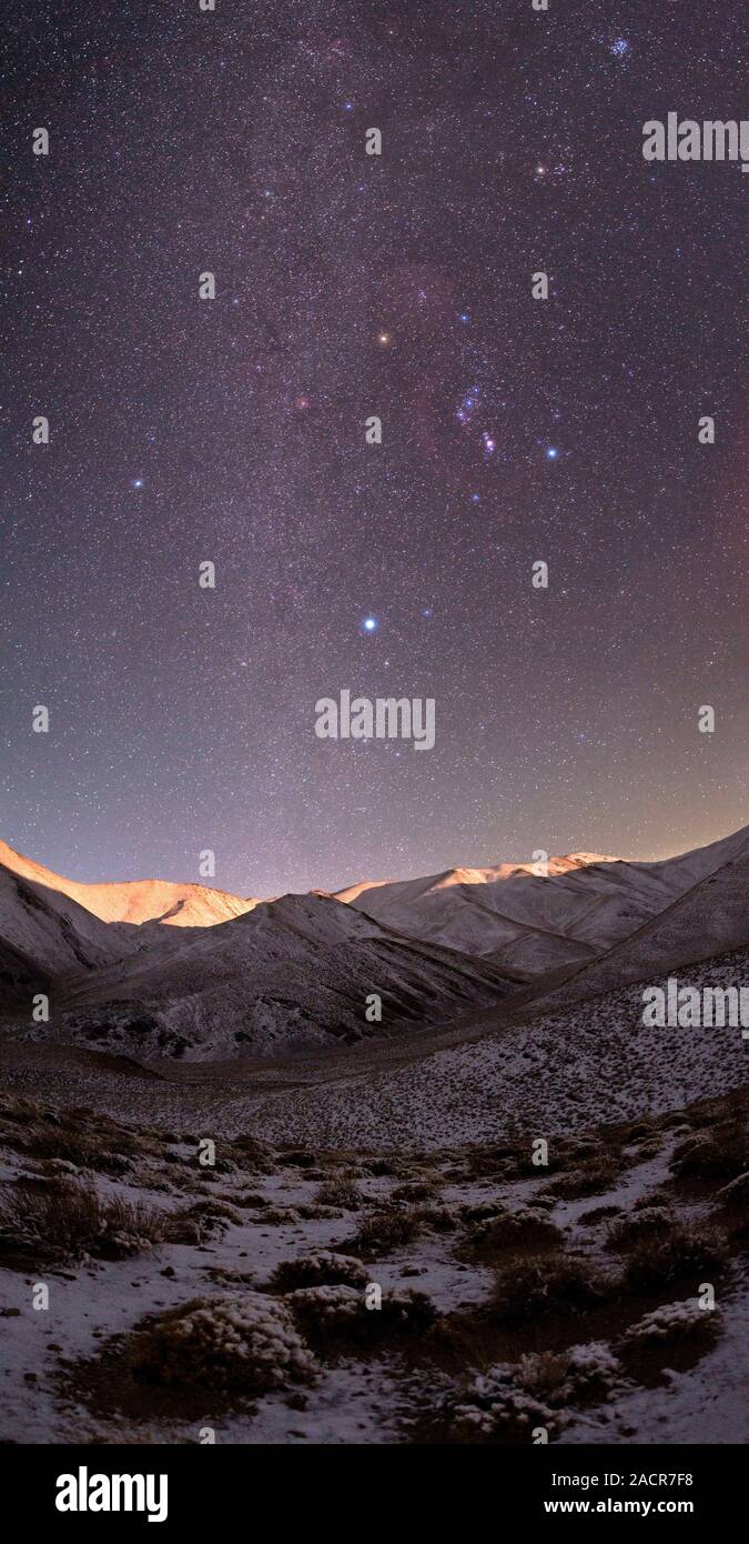 Milky Way over snow-covered mountains at dawn Stock Photo - Alamy