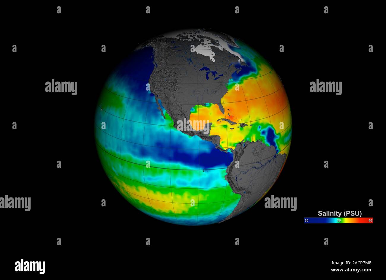 Sea surface salinity, Aquarius image. Computer model showing the ...