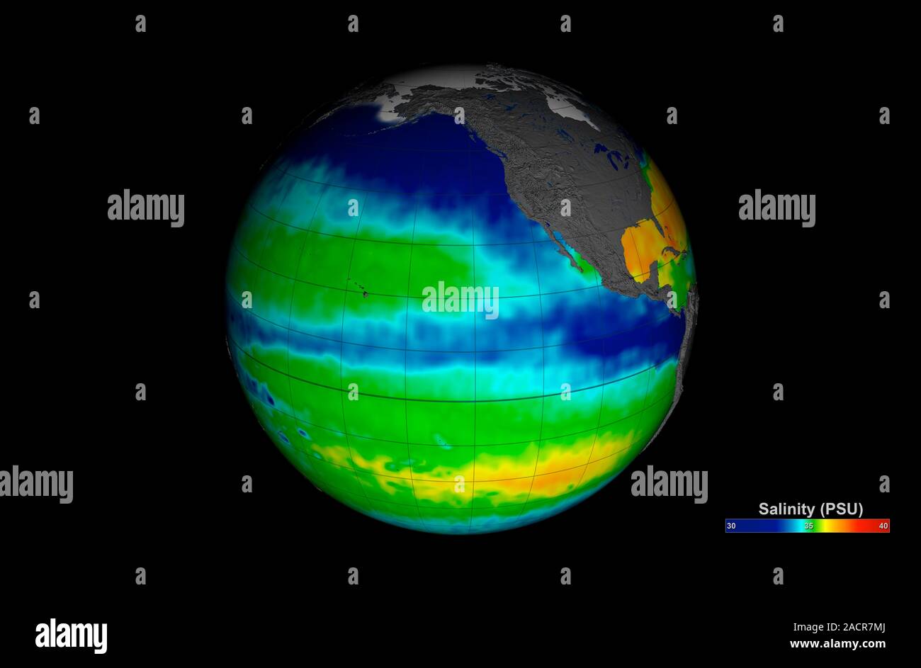 Sea surface salinity, Aquarius image. Computer model showing the ...