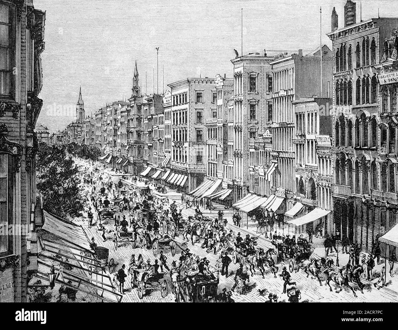 Broadway street scene. 19th-century artwork of pedestrians and city ...