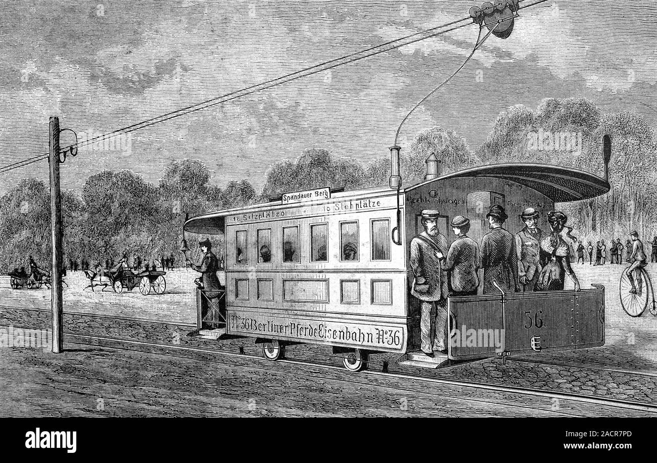Early electric tram in Berlin. 19th-century artwork of an early ...