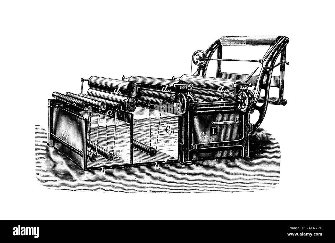 Textile finishing machine. 19th-century artwork of a broad loom used in ...