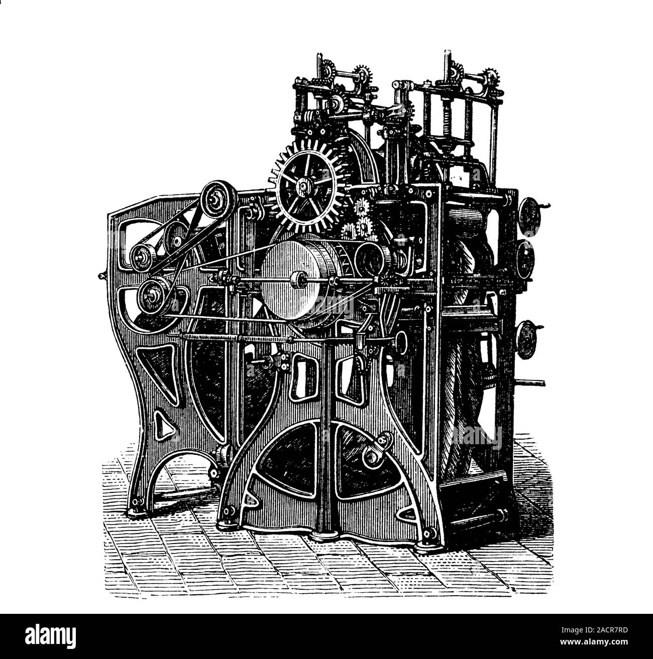 Textile finishing machine. 19th-century artwork of a roller fulling ...