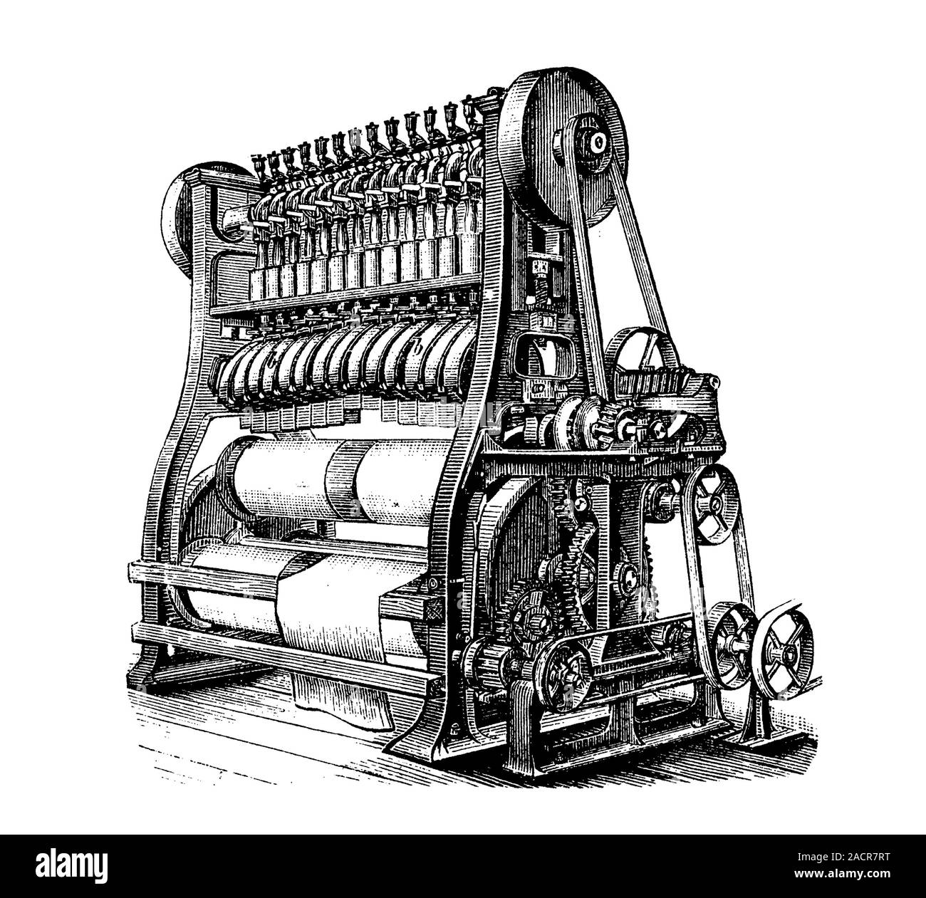 Textile finishing machine. 19th-century artwork of a stamping calender ...