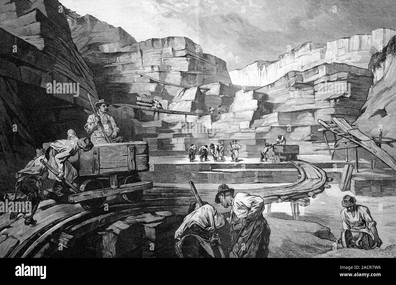 Limestone quarry. 19th-century artwork of limestone blocks being ...