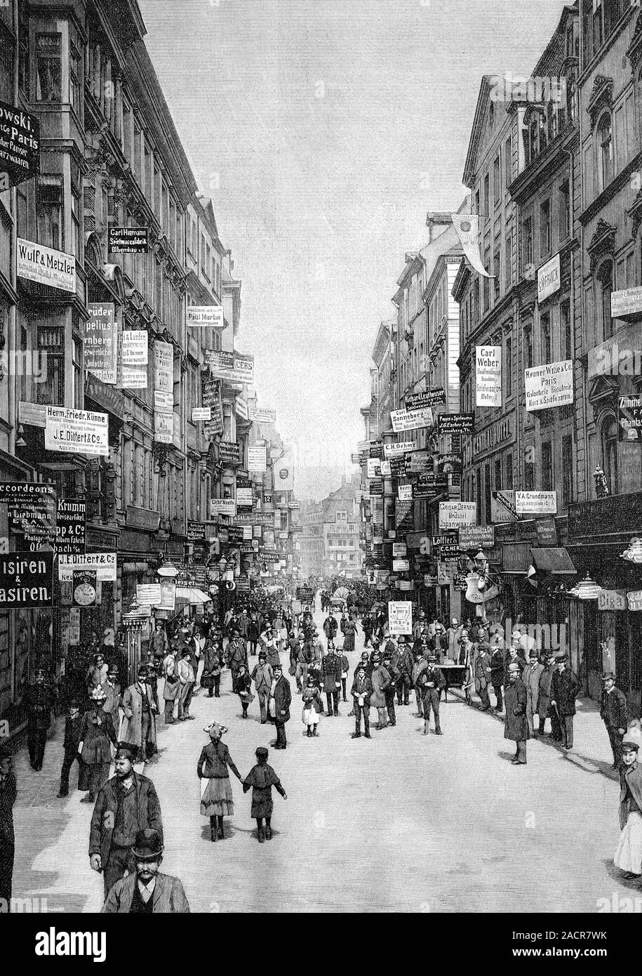 Leipzig street scene. 19th-century artwork of pedestrians and city ...