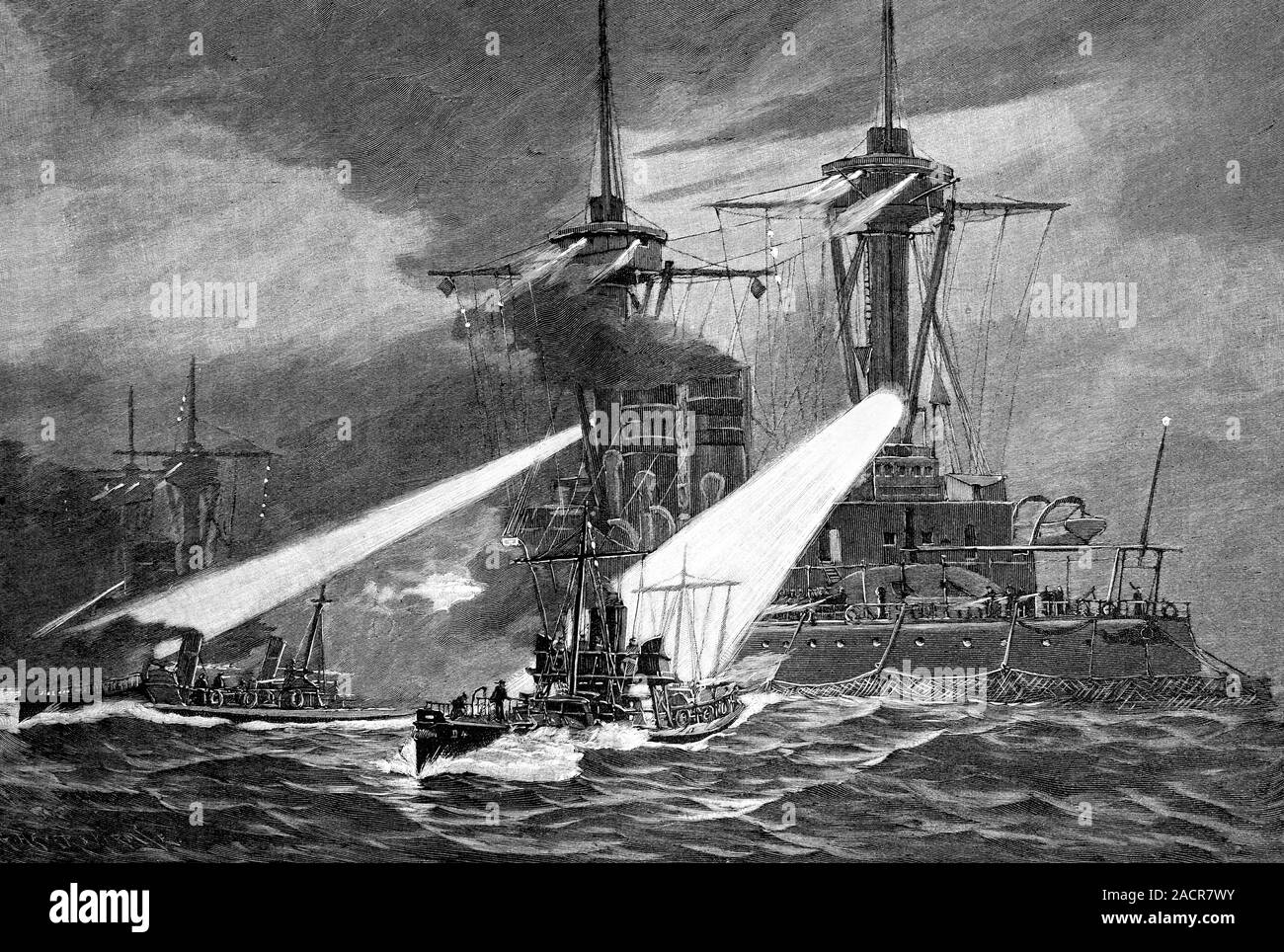 Torpedo attack, 19th-century artwork. This wood engraving dates from ...