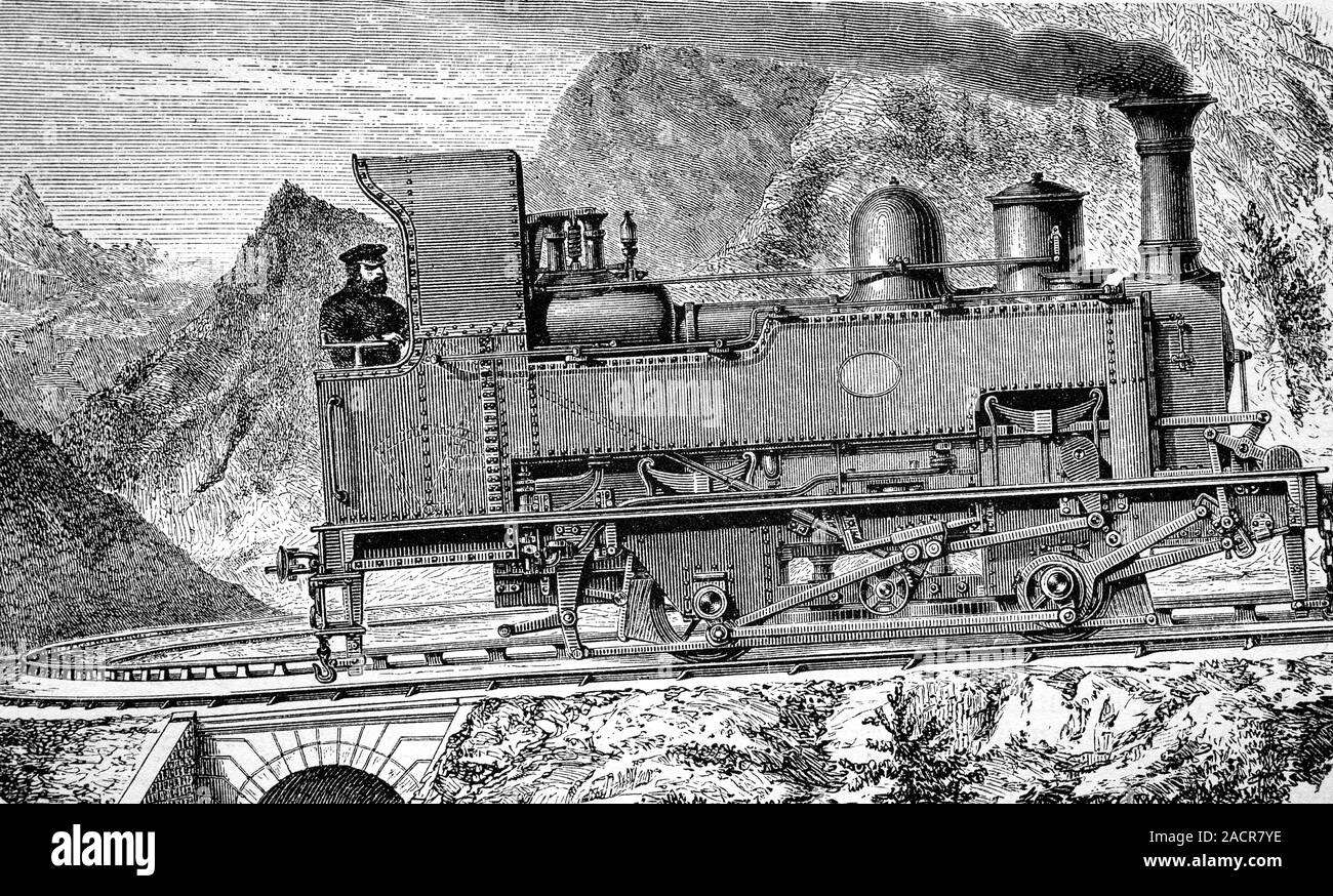Fell mountain railway system. 19th-century artwork of a mountain ...
