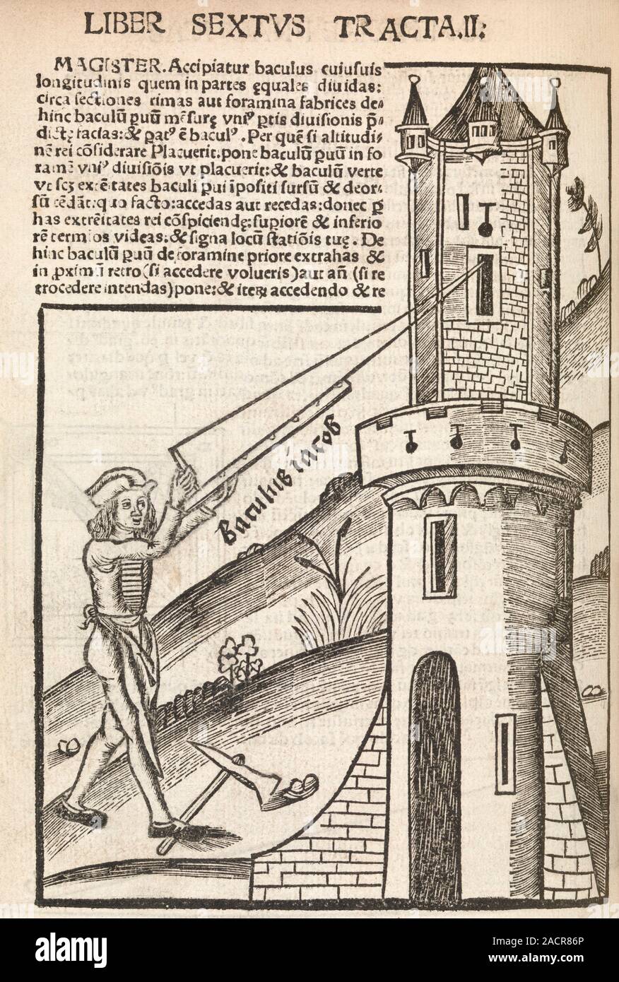 Surveying methods. 16th-century woodcut showing a man facing a tower ...