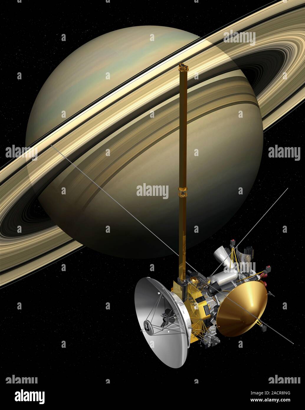 Cassini-Huygens probe and Saturn, computer artwork. The joint NASA-ESA Cassini-Huygens ...