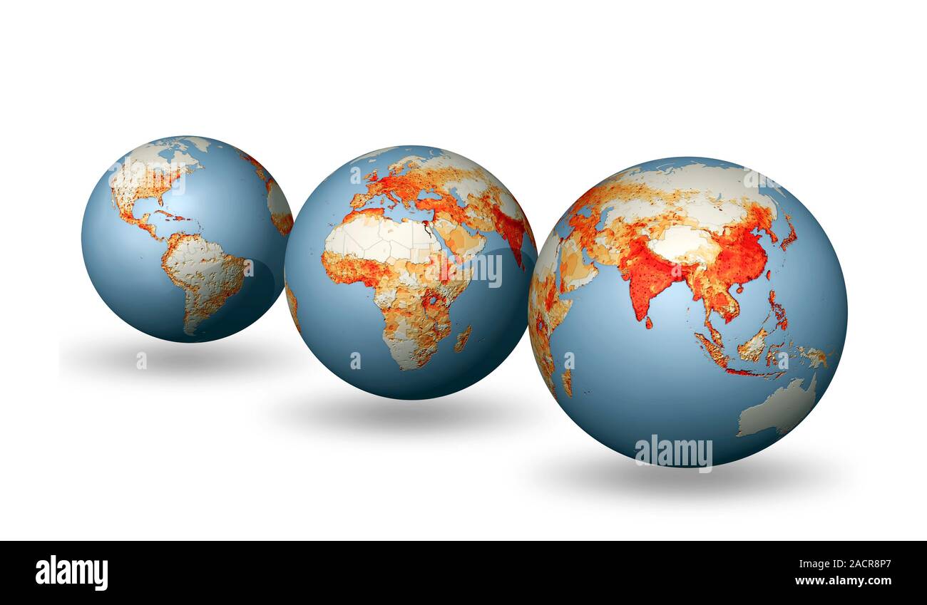 Earth's population. Computer artwork showing the number of people per ...