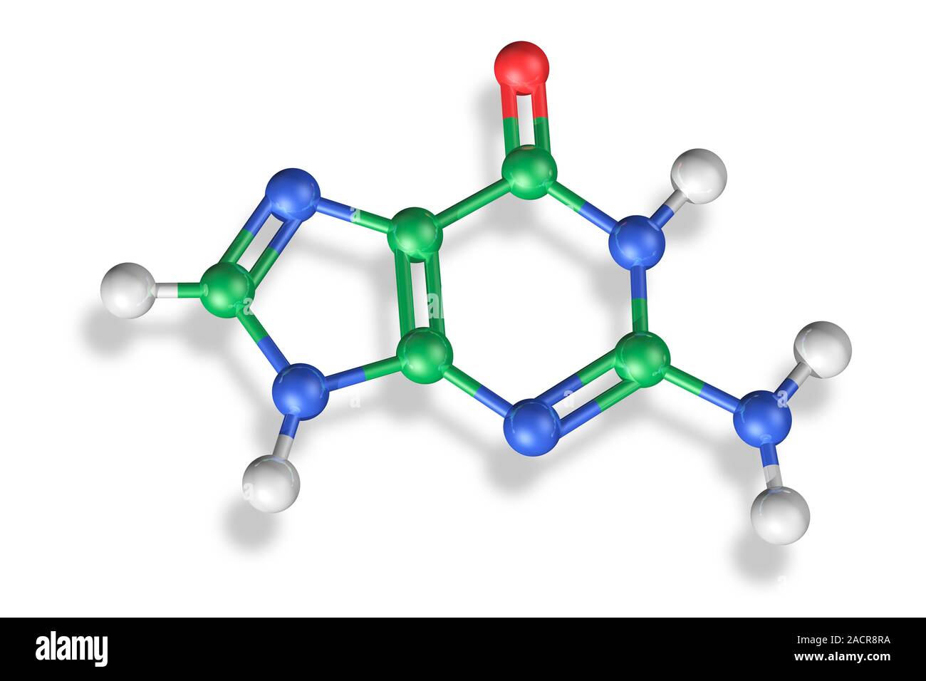 Guanine molecule. Computer artwork showing the structure of a molecule of the nucleobase guanine ...