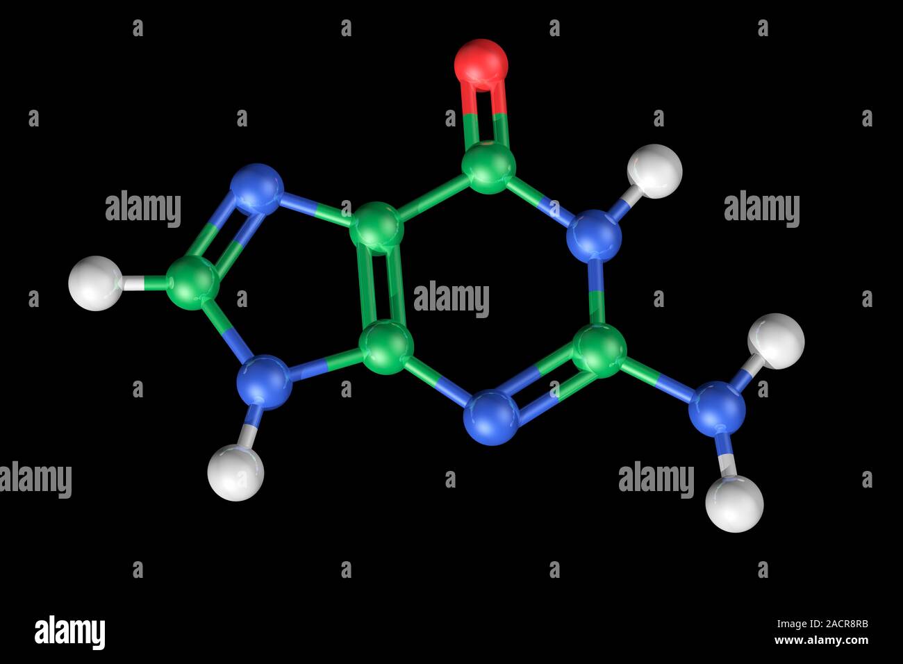 Guanine molecule. Computer artwork showing the structure of a molecule ...