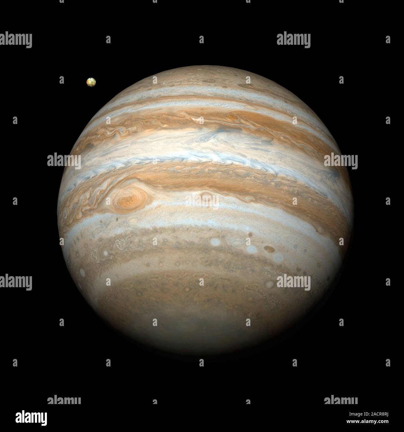 Jupiter and Io from space. Computer artwork showing the planet Jupiter ...