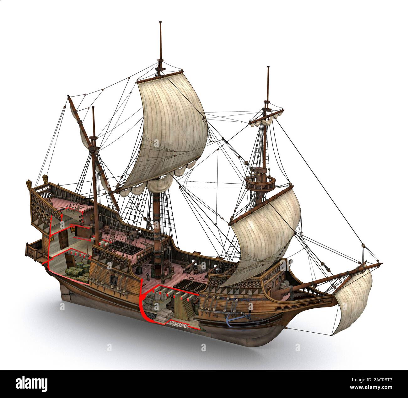 Francis Drake's Golden Hind. Cutaway artwork of the English galleon the ...