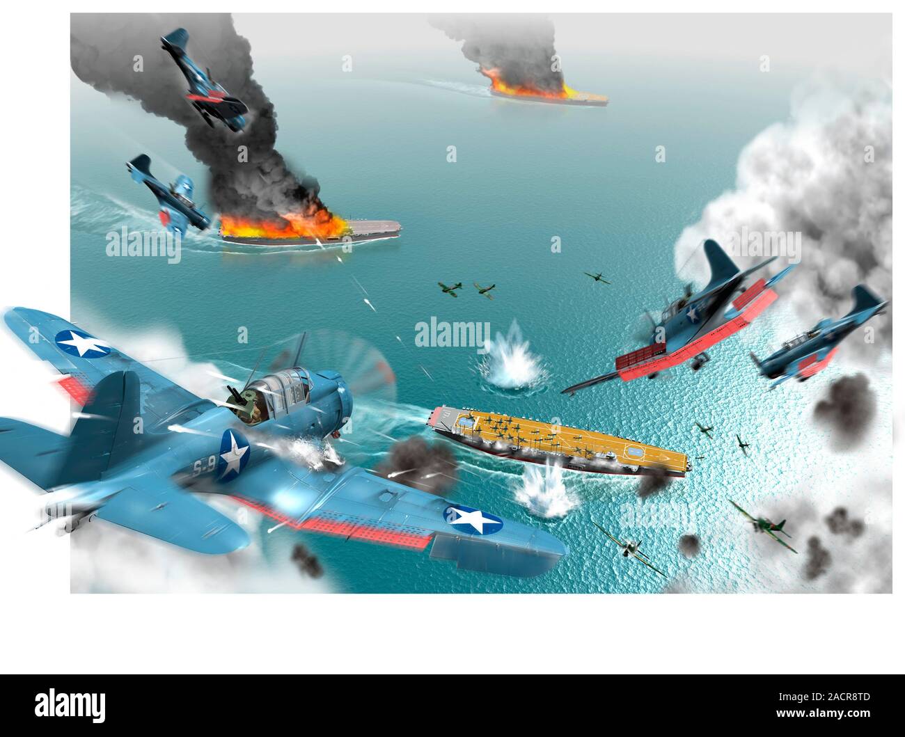 Battle of Midway. Artwork of US dive bombers attacking Japanese ...