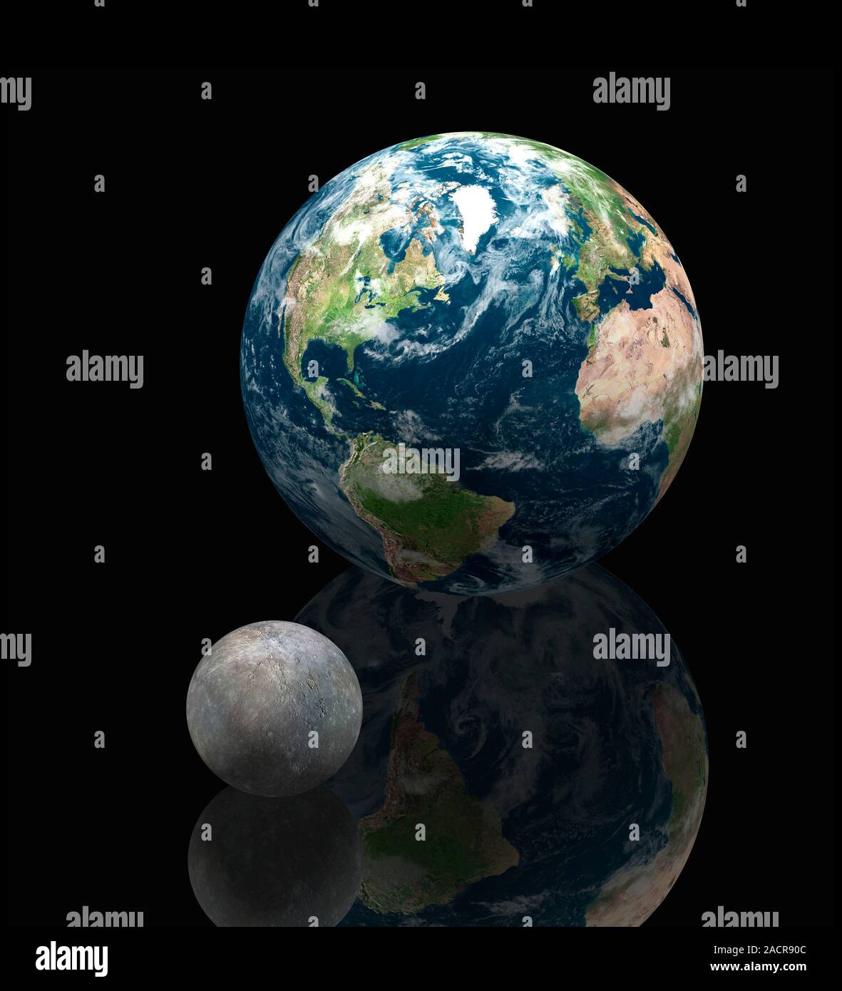 Mercury and Earth. Computer artwork comparing the size of the planet ...
