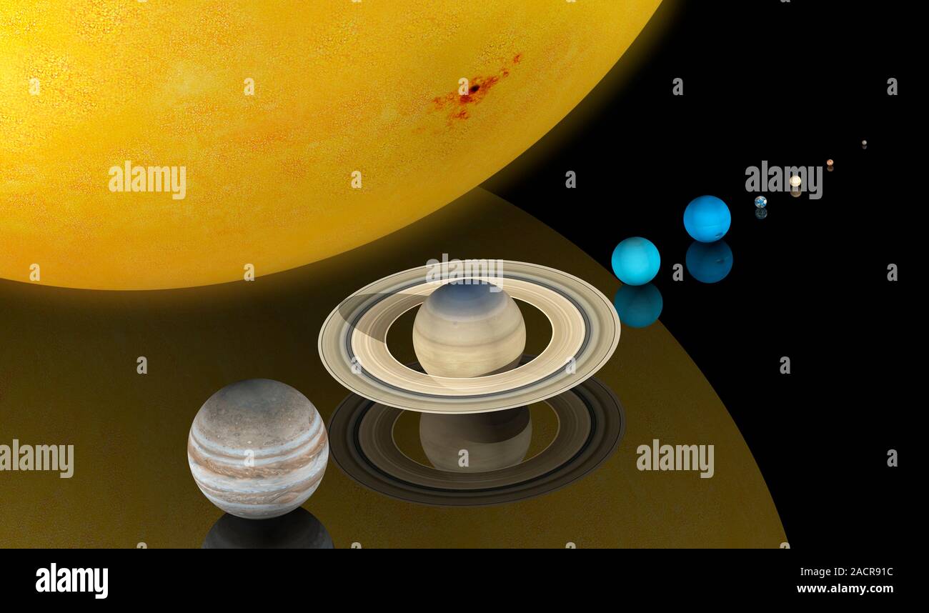 Solar System size comparison. Computer artwork of the Sun (top left ...