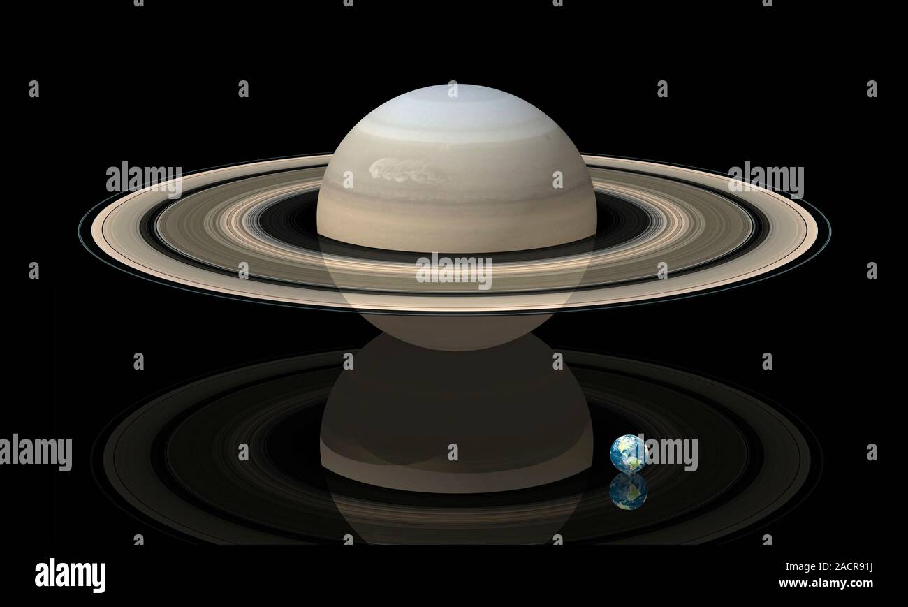 Saturn and Earth. Computer artwork comparing the size of the planet ...