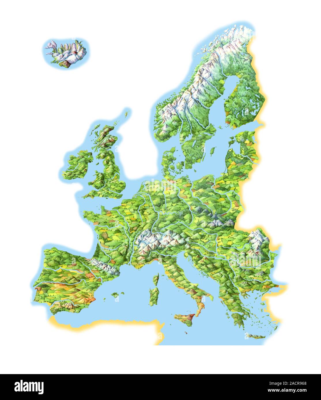 Geography of Europe. Artwork of the geographical features of the ...