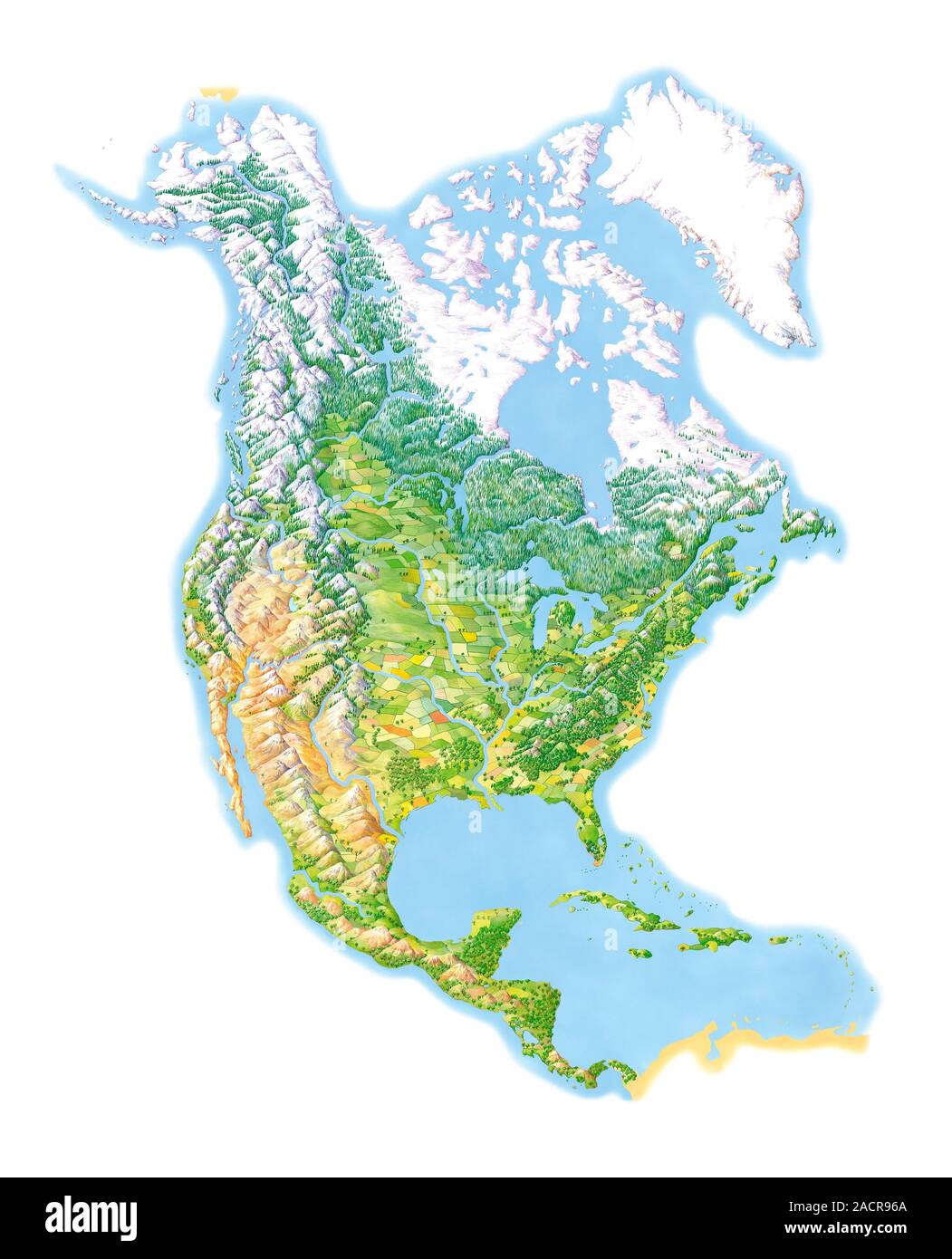 Geography of North America. Artwork of the geographical features of ...