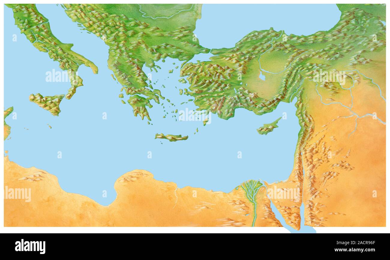Eastern Mediterranean. Artwork of the geographical features of the ...