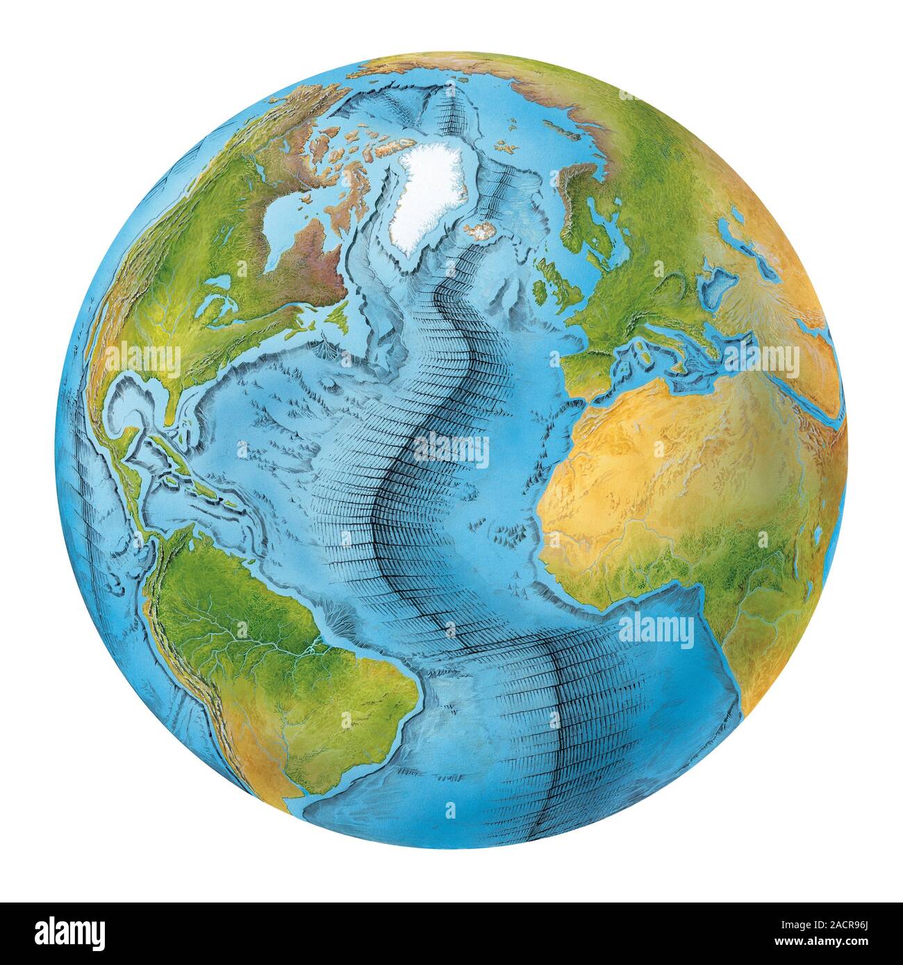 Atlantic sea floor. Hemispherical artwork of the sea floor topography ...