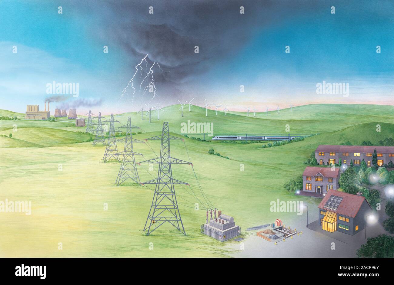 Electricity supply chain. Artwork showing the generation and ...