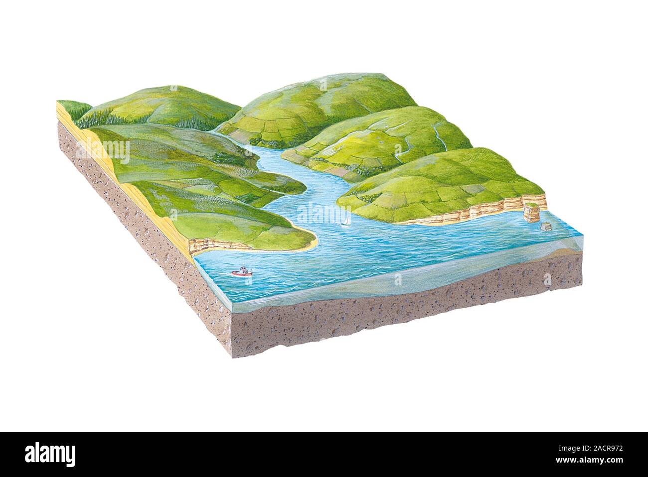 River estuary. Block artwork showing the geographical features of a ...