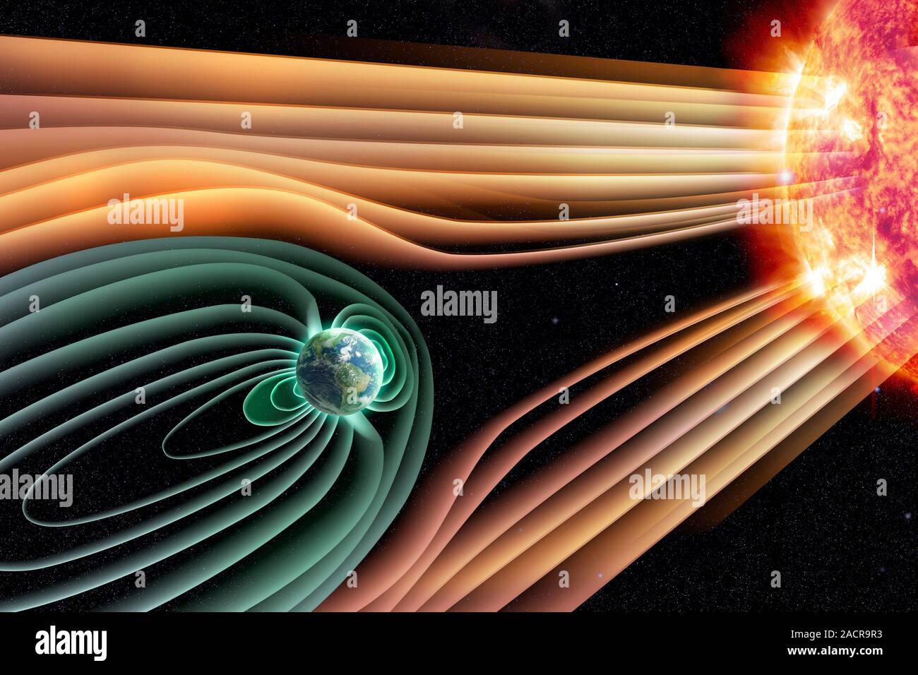 Earth's magnetosphere. Computer artwork showing the interaction of the solar wind with Earth's ...