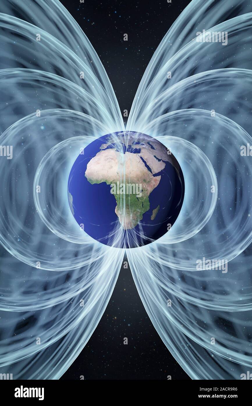 Earth's magnetic field, computer artwork. The blue lines represent the ...