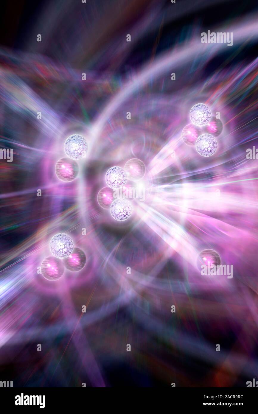 Nuclear fusion, computer artwork. At left are the atomic nuclei of ...