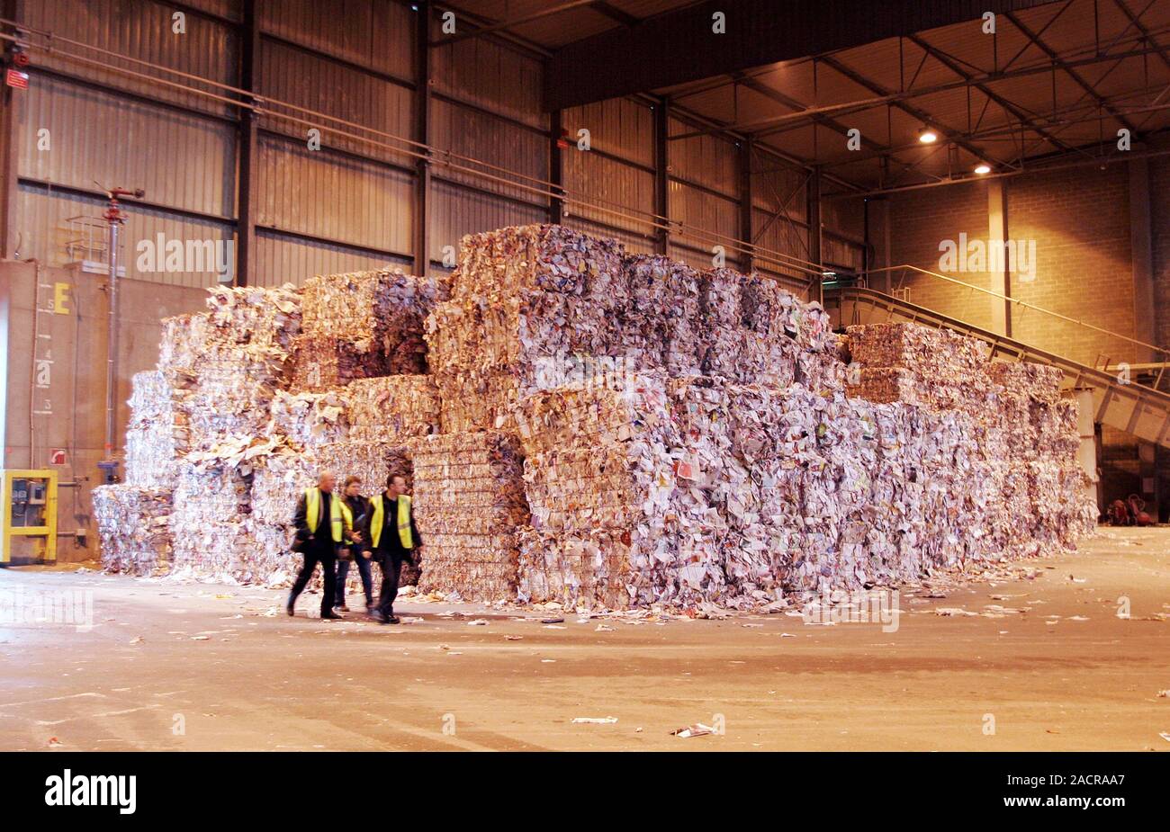 Paper mill. Workers with bales of waste paper to be recycled for paper ...