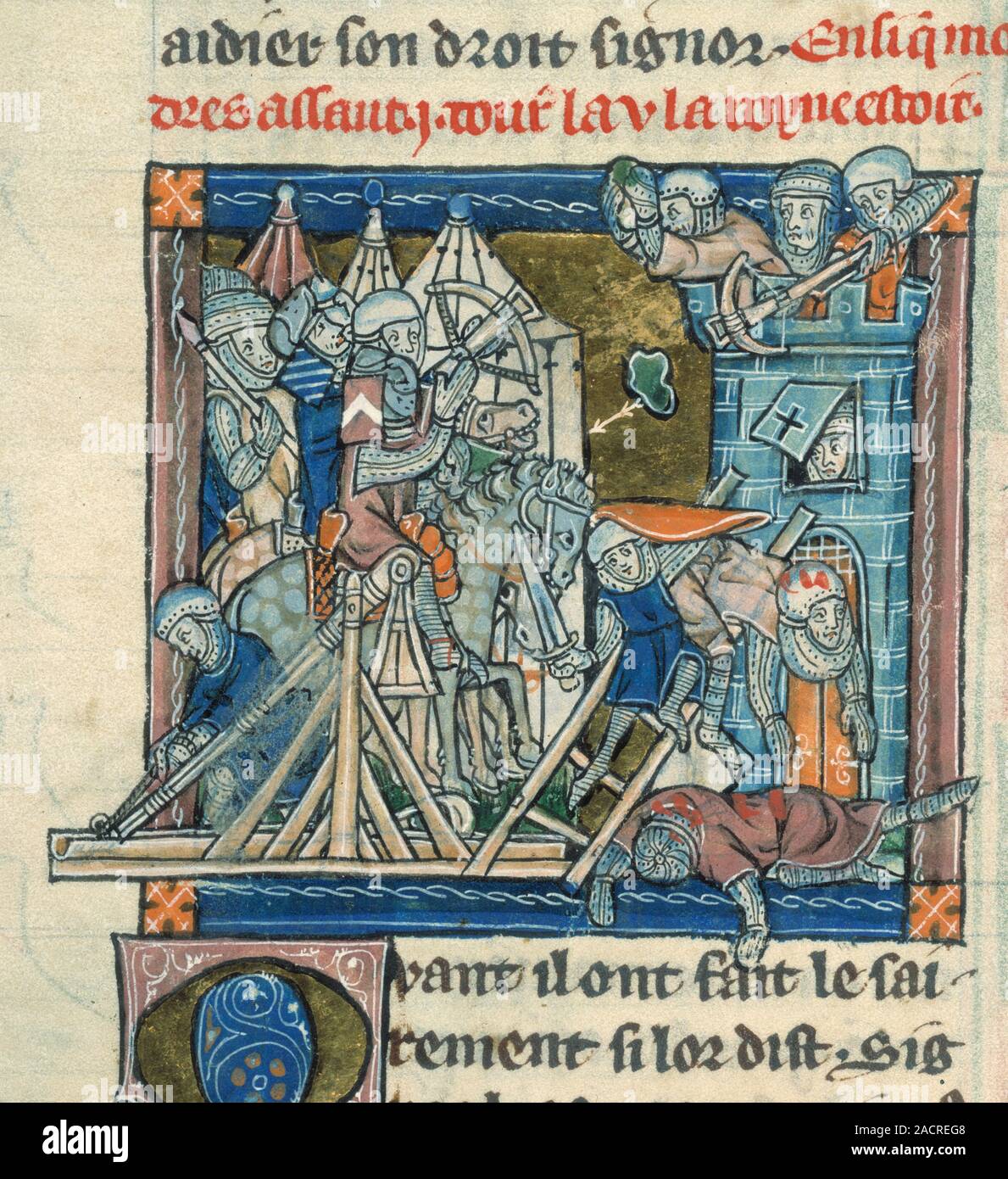 Guinevere beseiged in tower, (Miniature) Guinevere, defended by two ...
