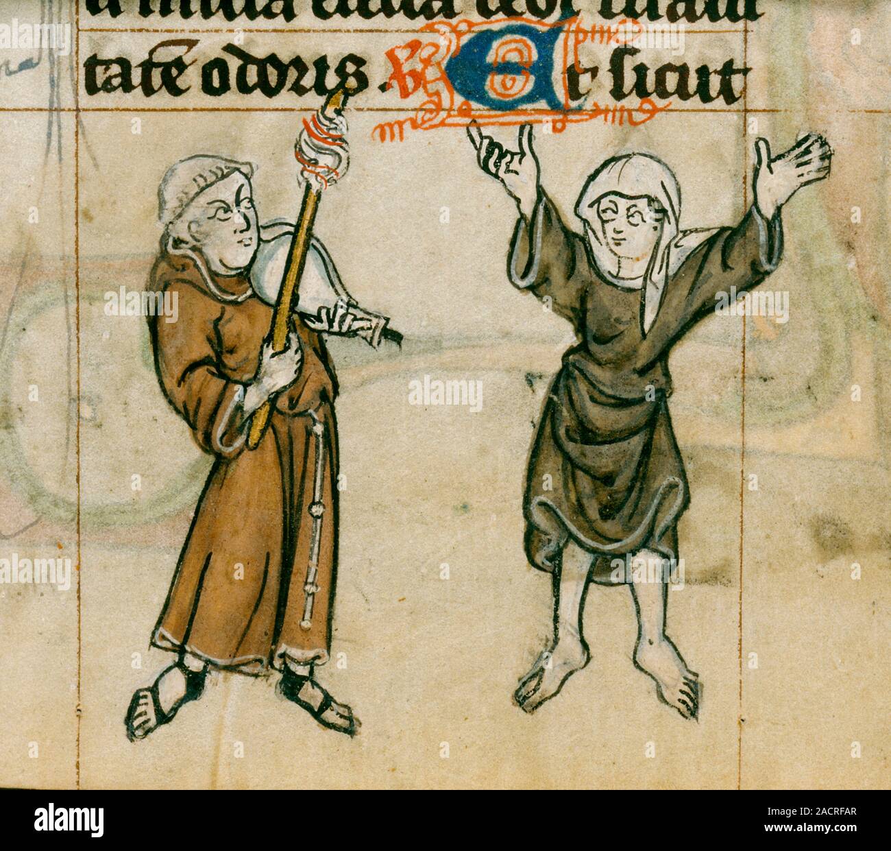Friar and nun, Detail Lower margin; nun dancing, and friar playing ...