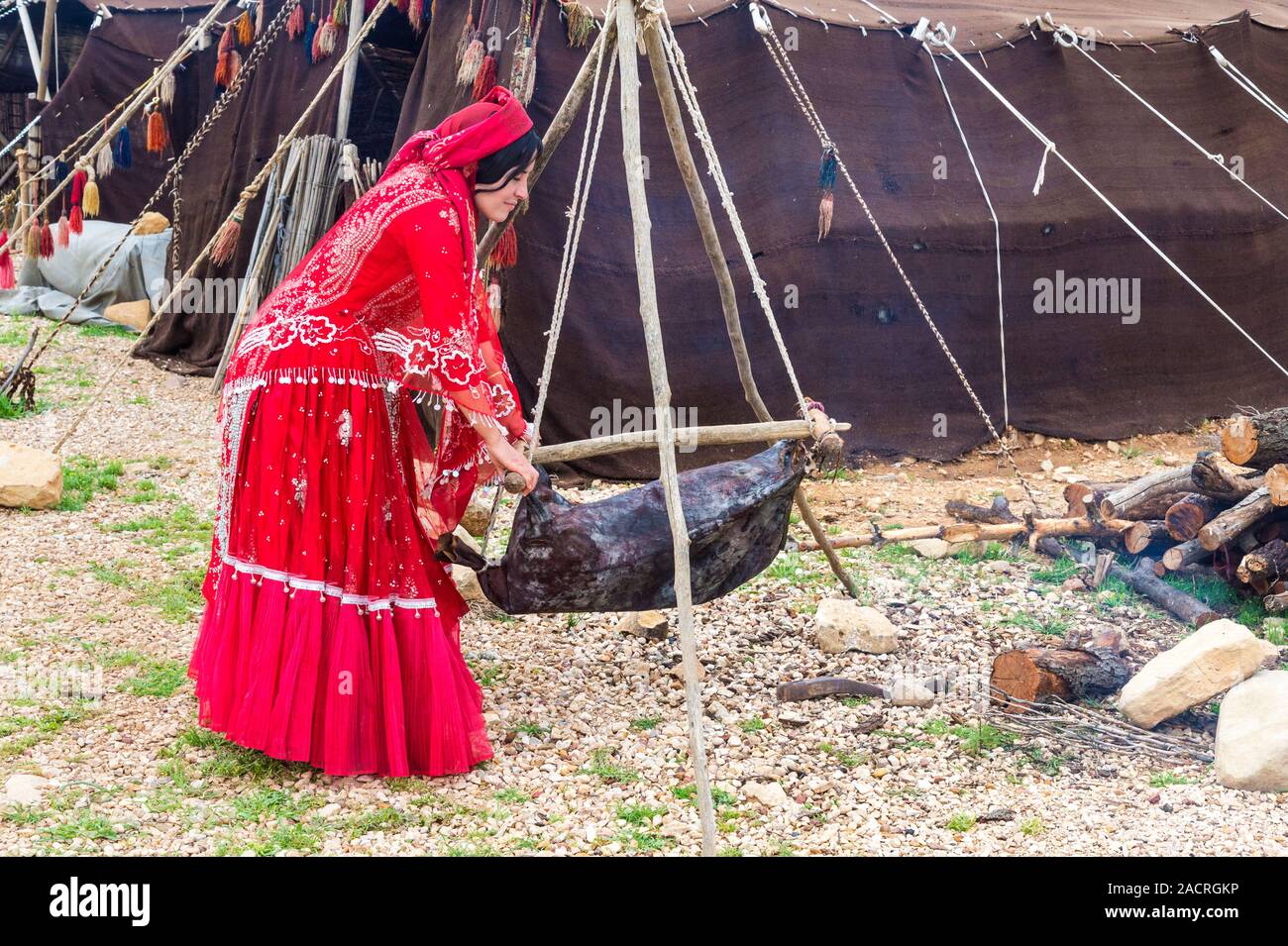 Qashqai woman shaking goat milk to make cheese hi-res stock photography ...