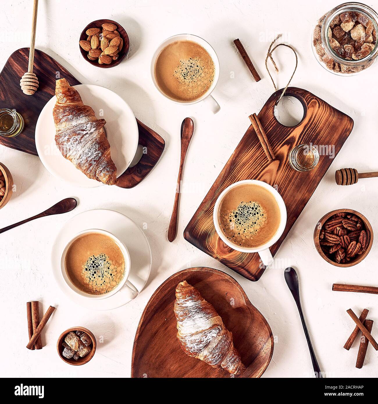 breakfast pattern, croissant, coffee, honey, cinnamon sticks, nuts ...