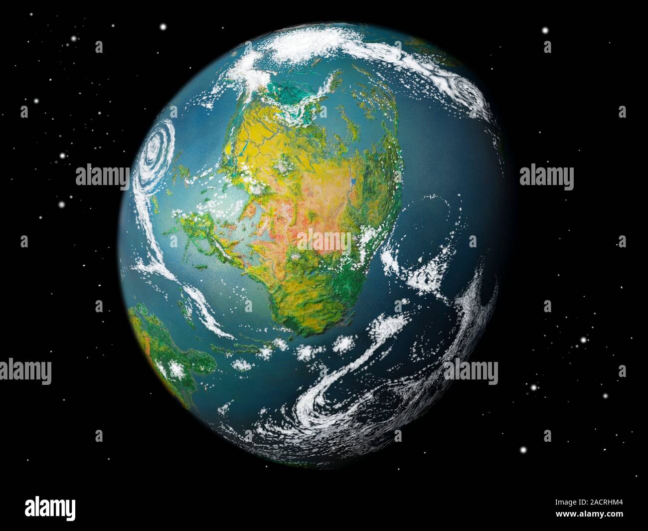 Earth-like exoplanet, artwork. This designed alien planet features two ...