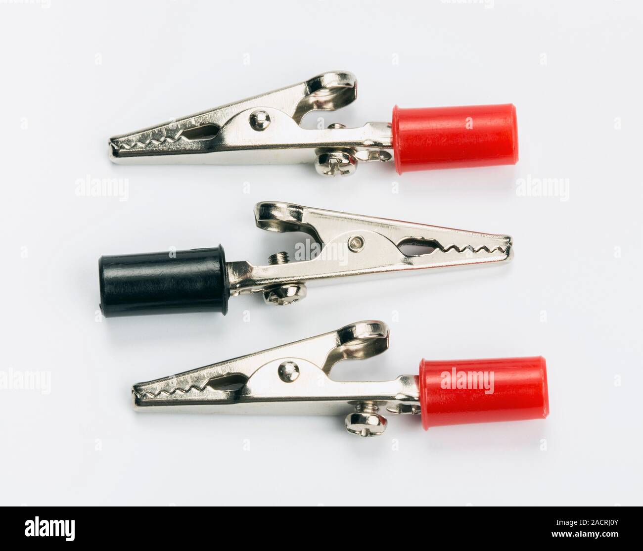 Crocodile clips. Used in experiments in laboratories and classrooms ...