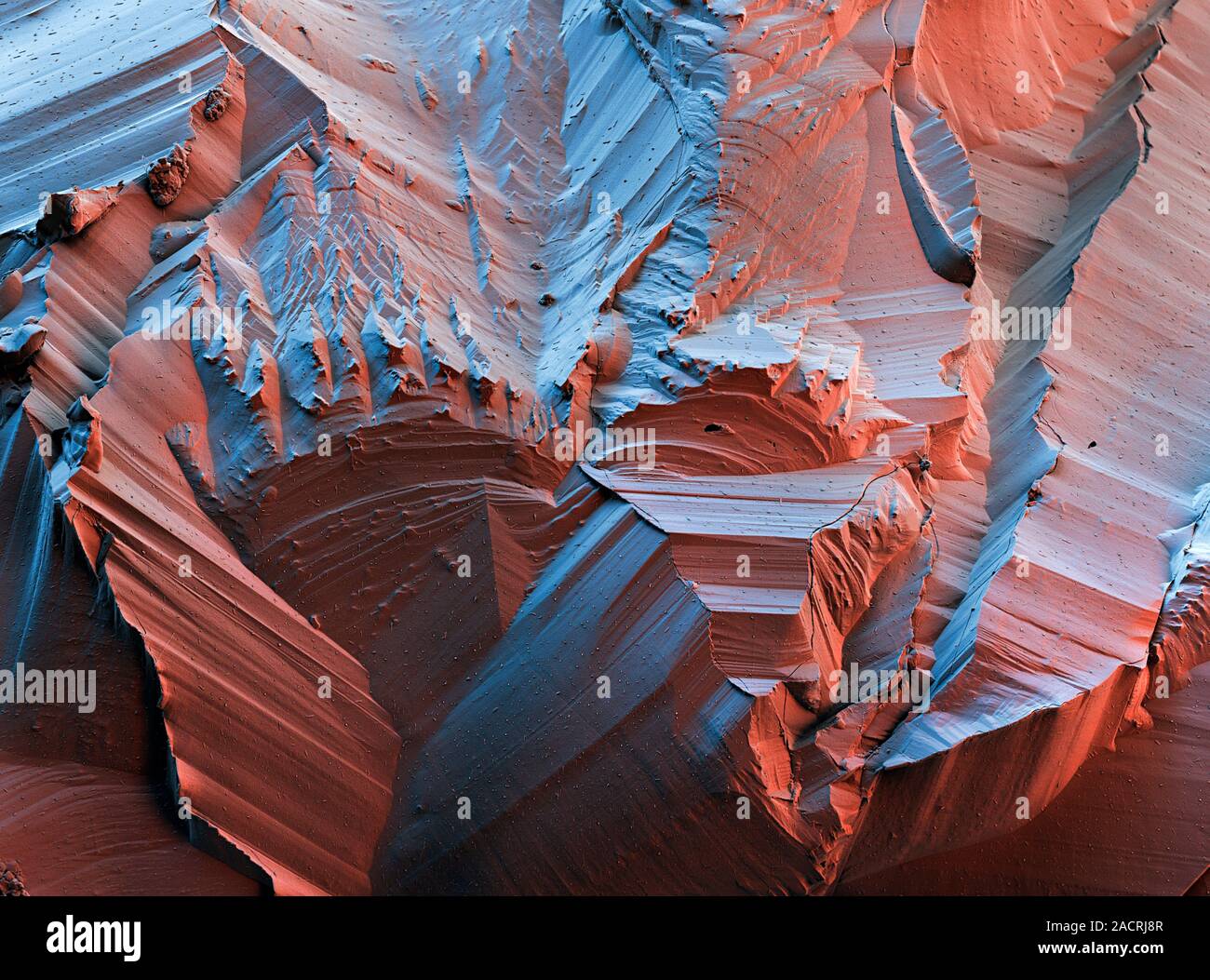 Sodium nitrate crystals, coloured scanning electron micrograph (SEM ...