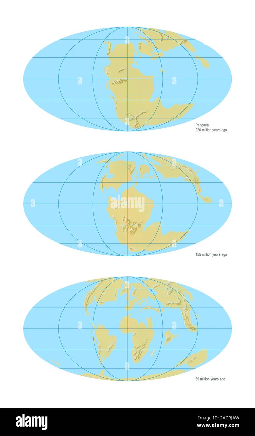 Pangea break-up, global maps (elliptical projections). The Pangea ...