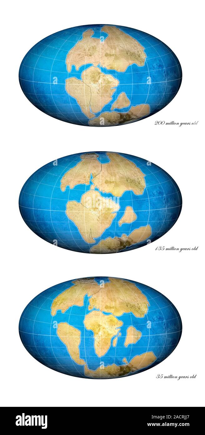 Pangea break-up, global maps (elliptical projections). The Pangea ...