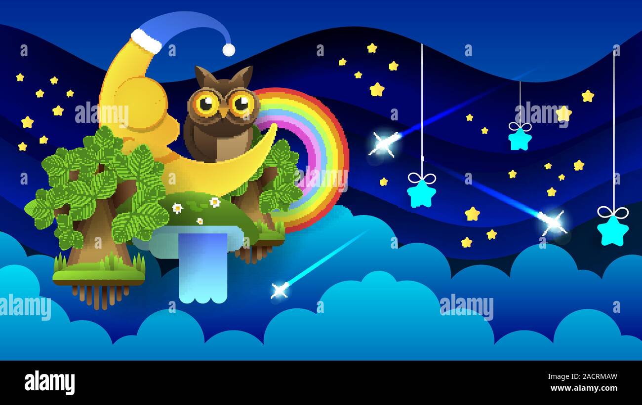 Cute Cartoon Moon In The Night Sky. Sleeping Moon Good Night Children ...